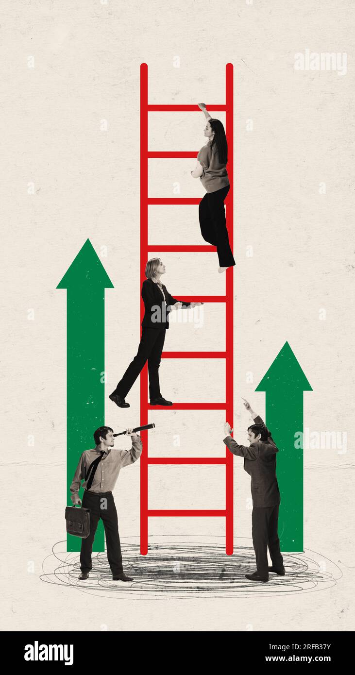Artwork collage of positive excited people go ladder finishing tasks ...