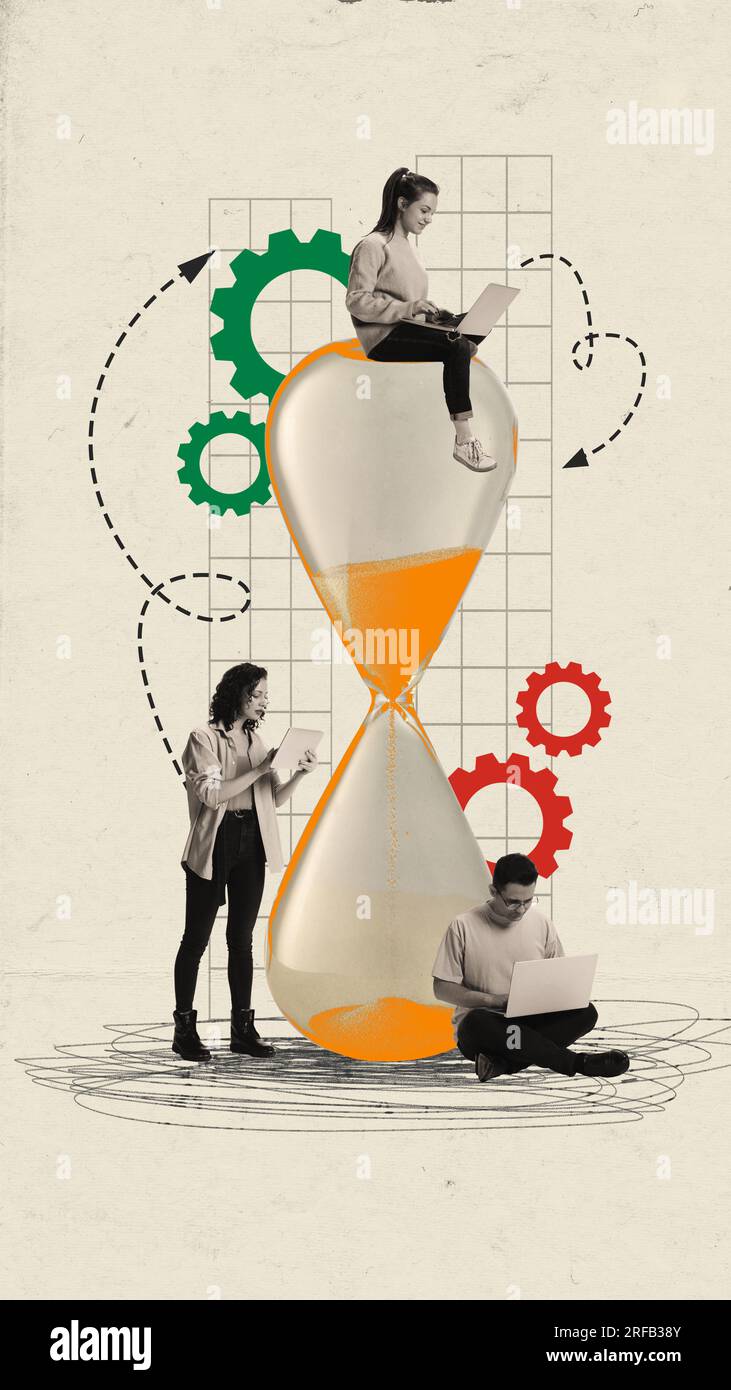 Creative collage of person with gadgets sitting on huge hourglass over ...