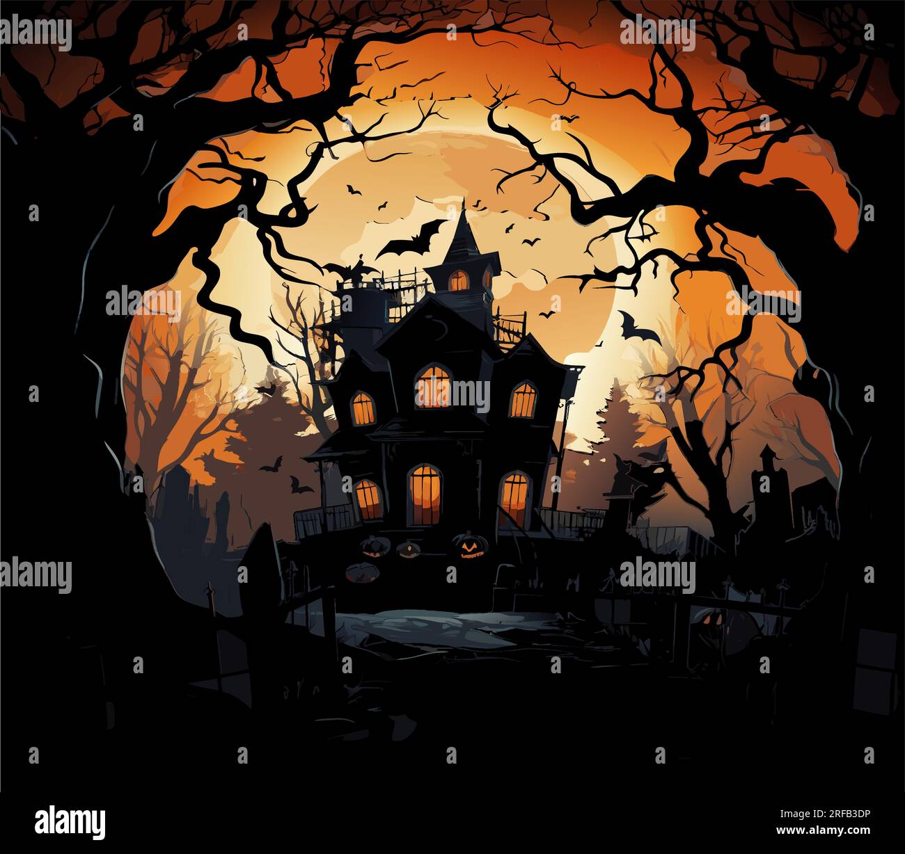 vector halloween castle and pumpkins. orange lanterns inside of castle ...
