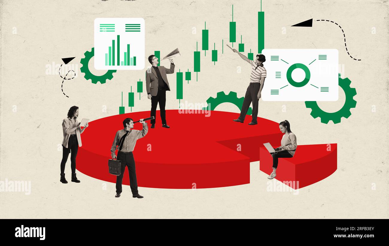 Creative collage of active businesspeople talk important negotiation ...