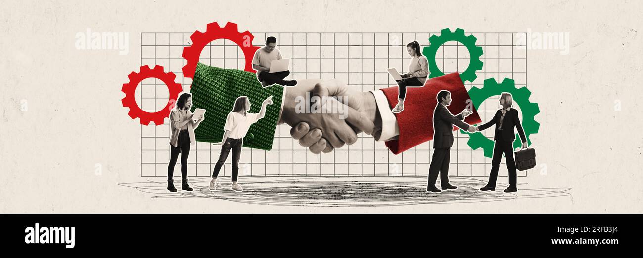 Banner. Contemporary art collage. Entrepreneurs shaking hands and on ...