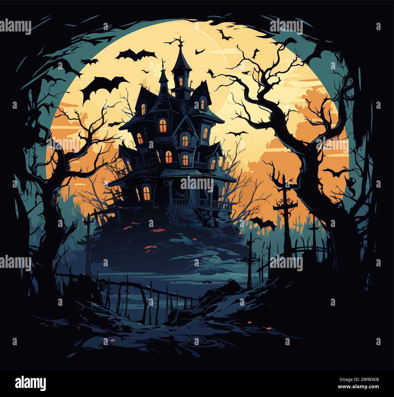 vector halloween landscape in cemetry. black scary trees around castle ...