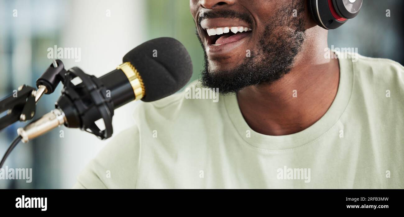 Microphone, headphones and man streaming live, closeup and media ...