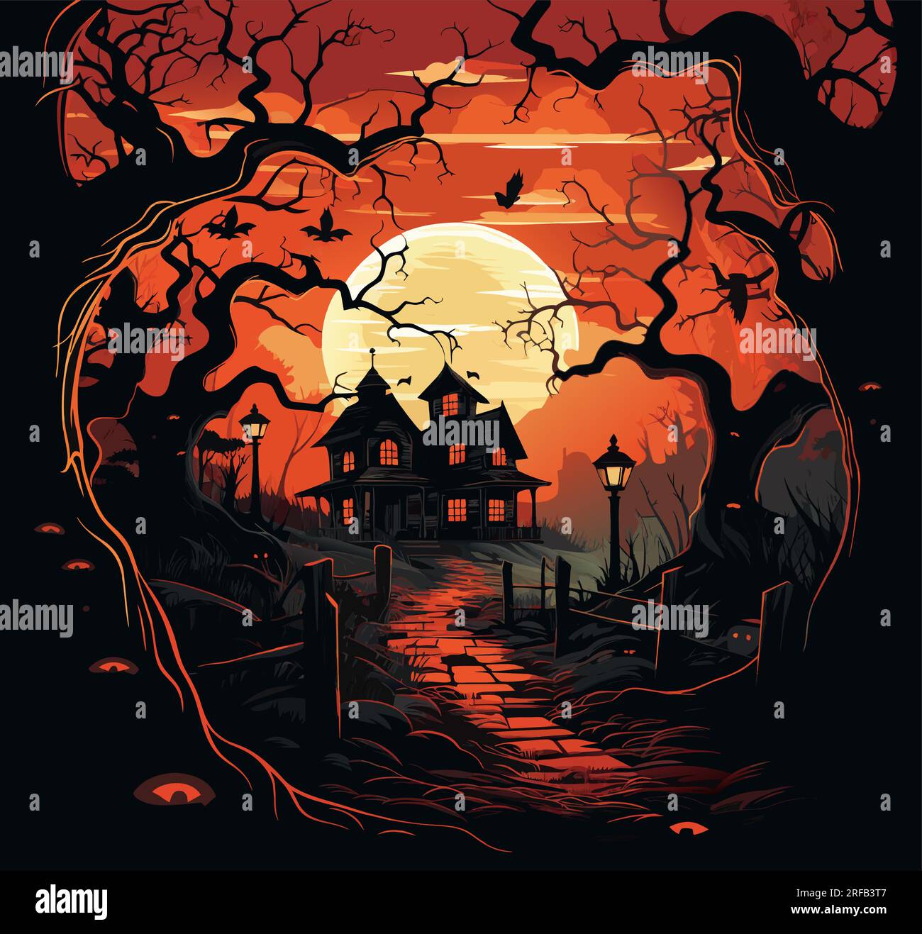vector scary haunted house with full moon. Halloween castle background ...