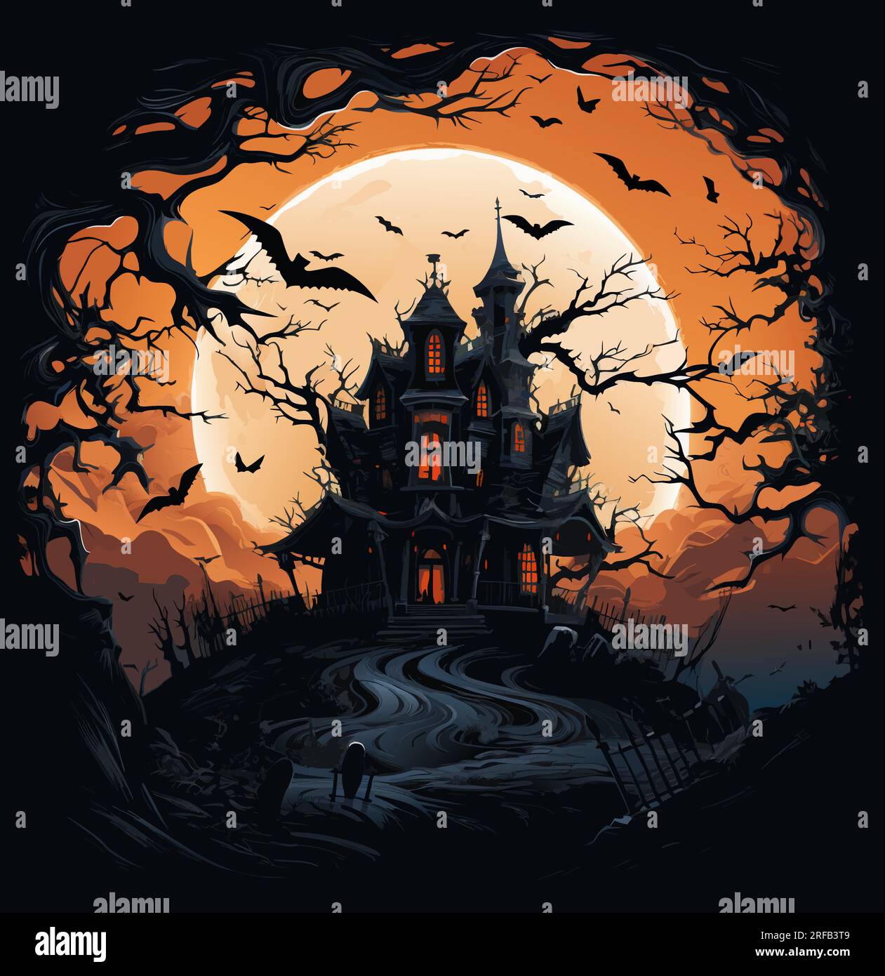 vector scary haunted house with full moon. Halloween castle background ...