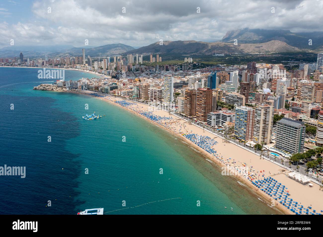 Aerial drone photo of the beautiful city of Benidorm in Spain in the ...