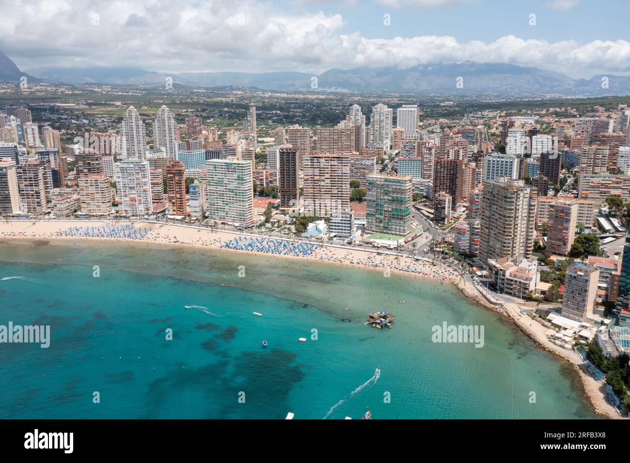 Aerial drone photo of the beautiful city of Benidorm in Spain in the ...