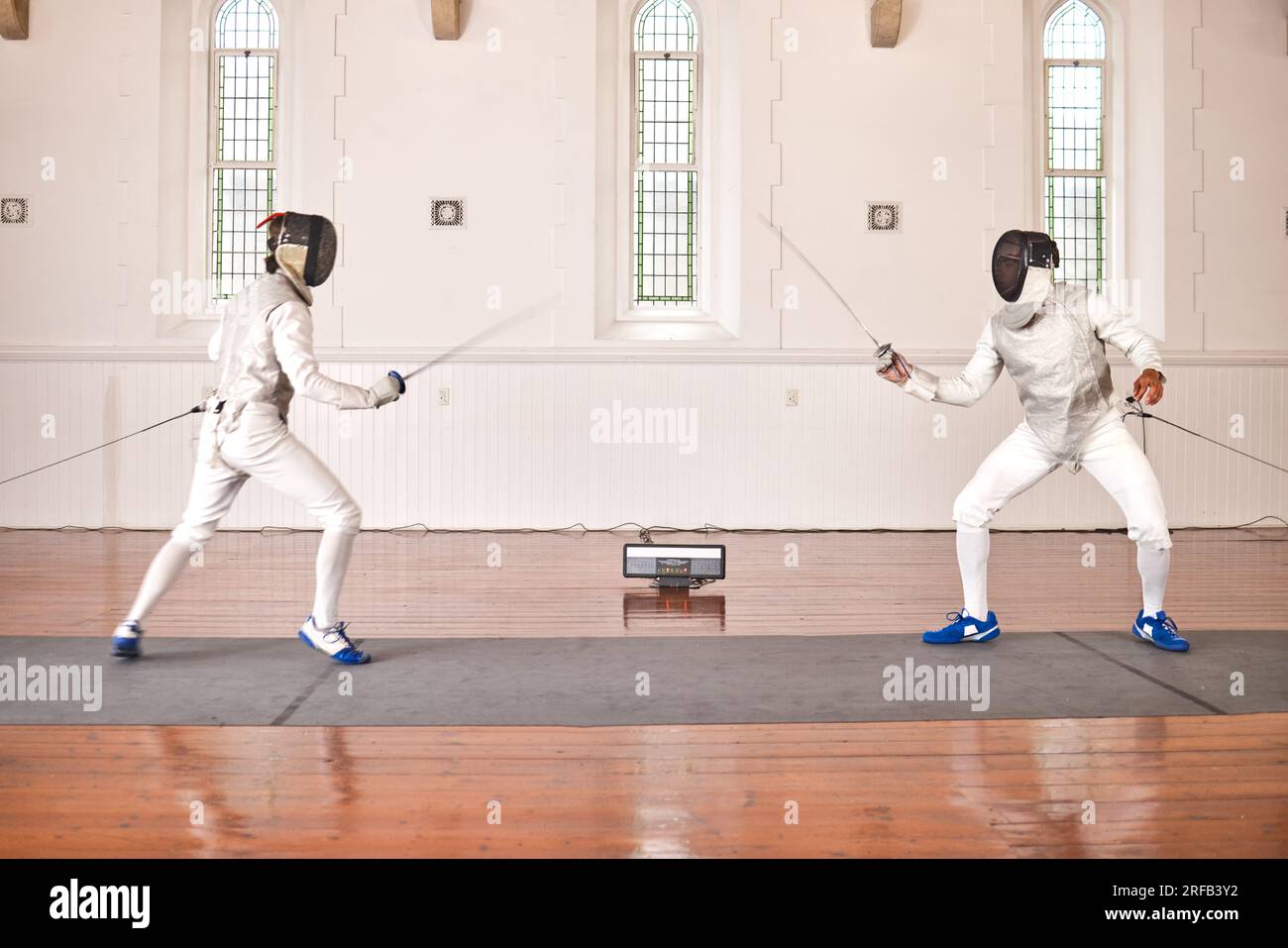 People, fencing and fight in competition, duel or training for combat ...