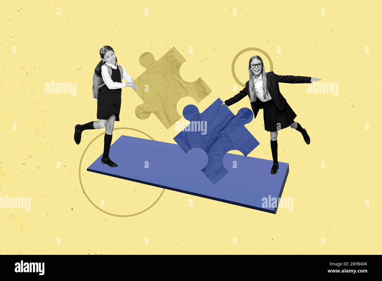 Creative collage of two smart positive mini black white effect girls ...