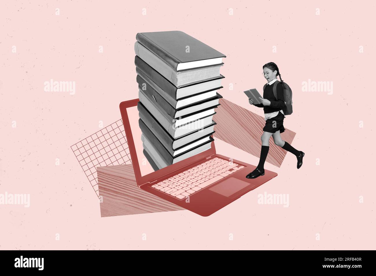 Collage image of mini black white effect schoolgirl walk big netbook ...