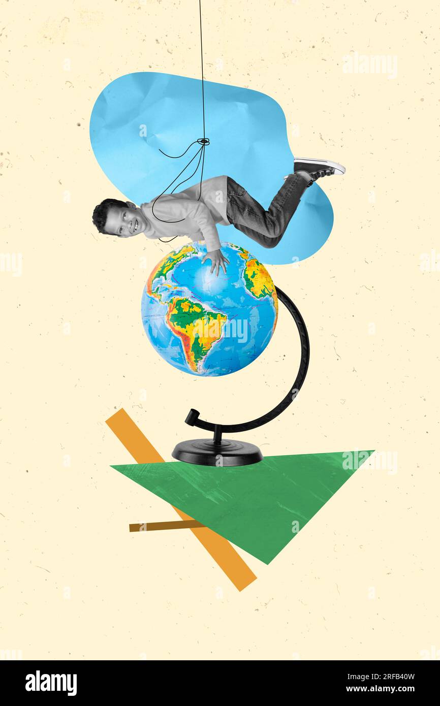 Vertical collage of excited mini black white effect boy hang string ...