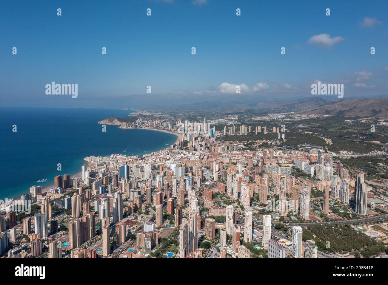 Aerial drone photo of the beautiful city of Benidorm in Spain in the ...