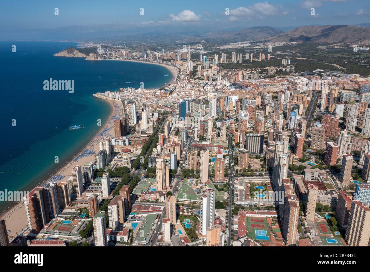 Aerial drone photo of the beautiful city of Benidorm in Spain in the ...