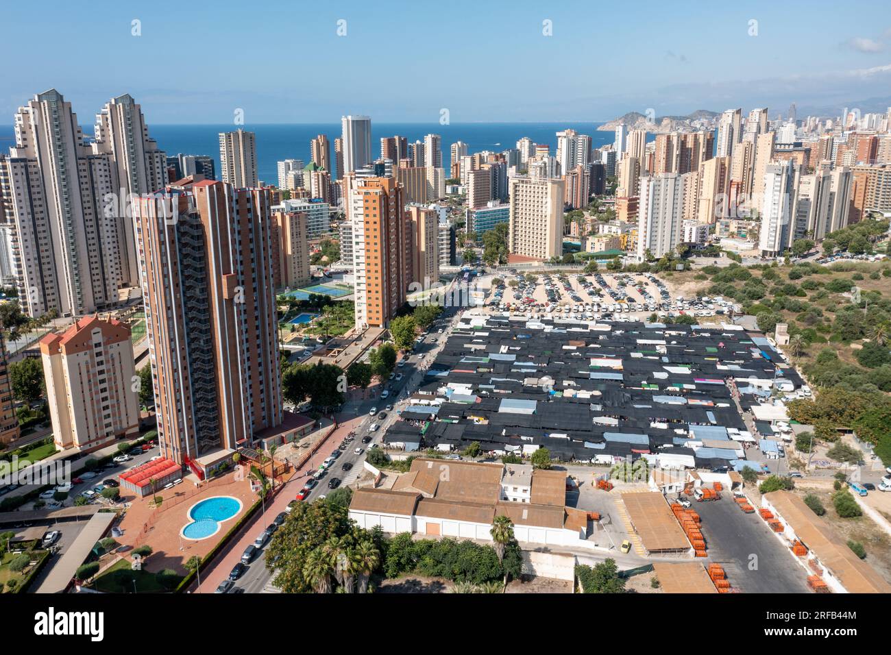 Aerial drone photo of the city of Benidorm in Spain in the summer time ...