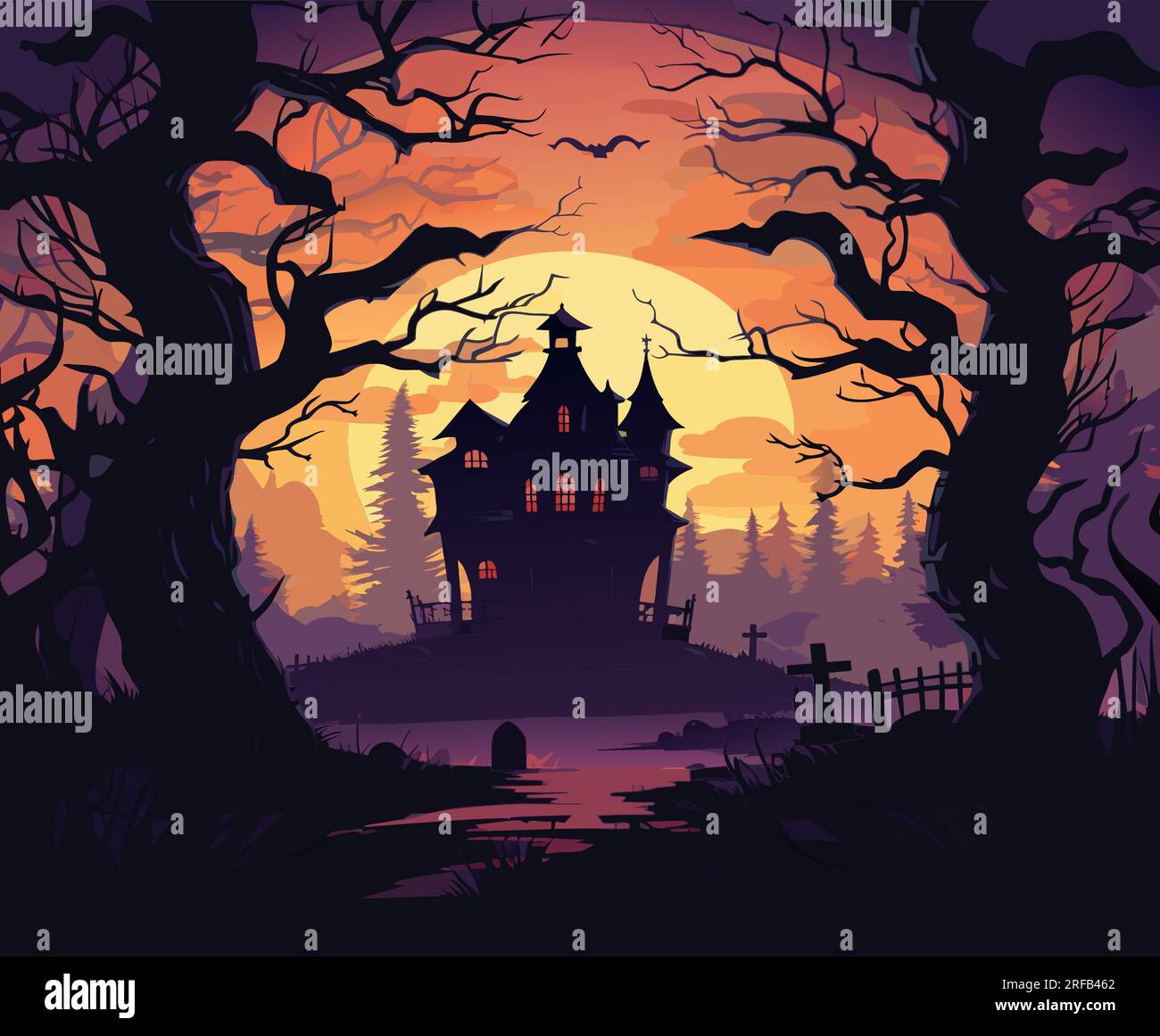 Halloween vector graveyard scene. Haunting nightmare hallowen ...