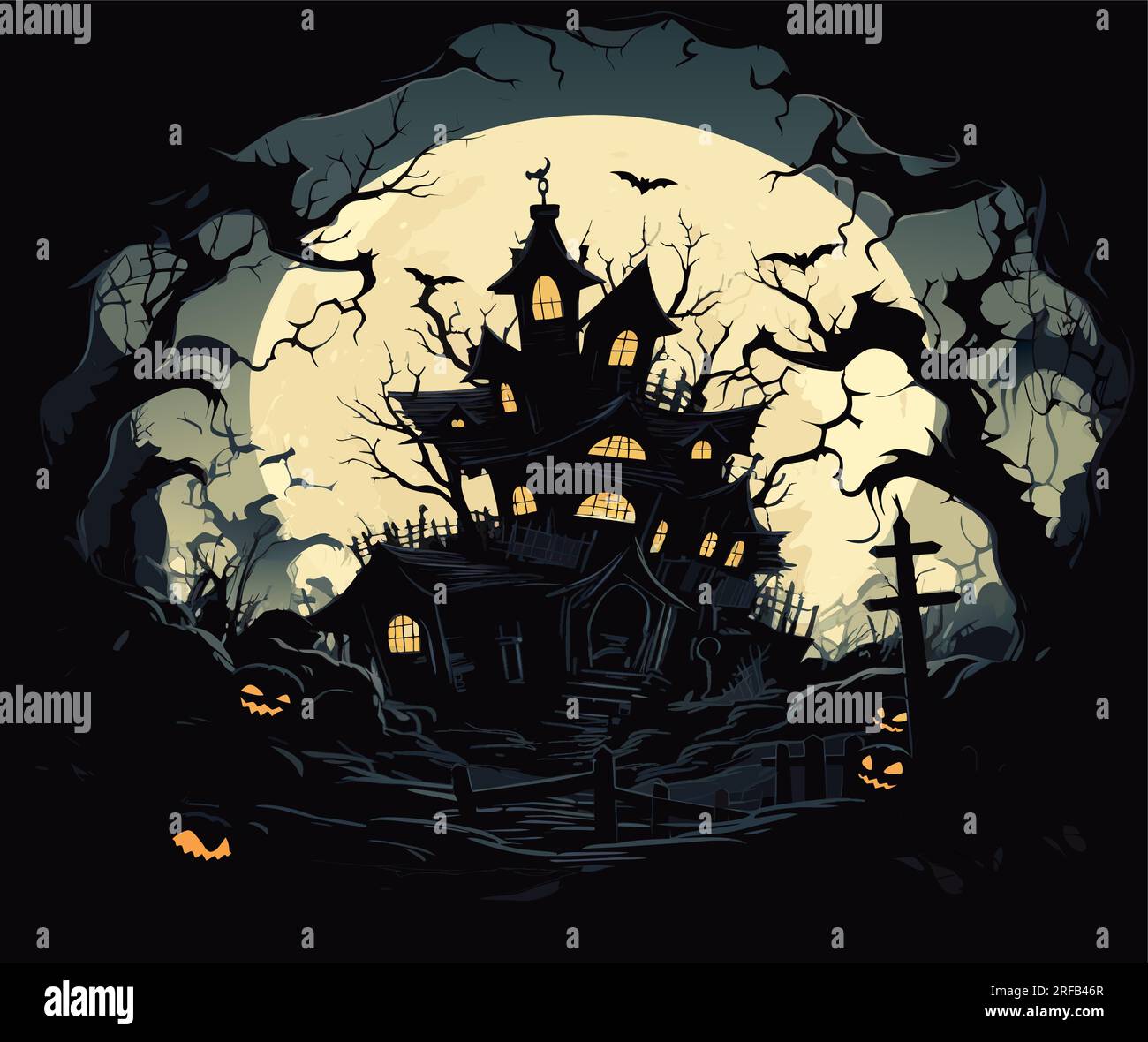 vector halloween castle . scary trees around house. creepy sihouettes ...