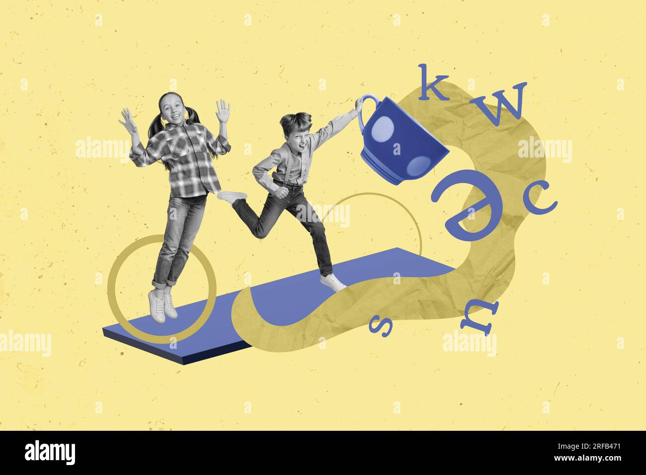 Creative collage illustration of two people children addicted getting ...