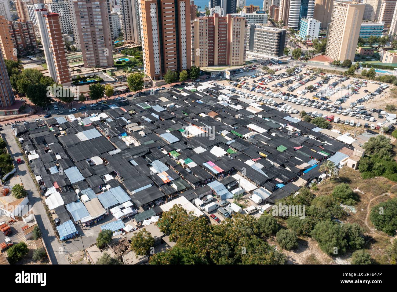 Aerial drone photo of the city of Benidorm in Spain in the summer time ...