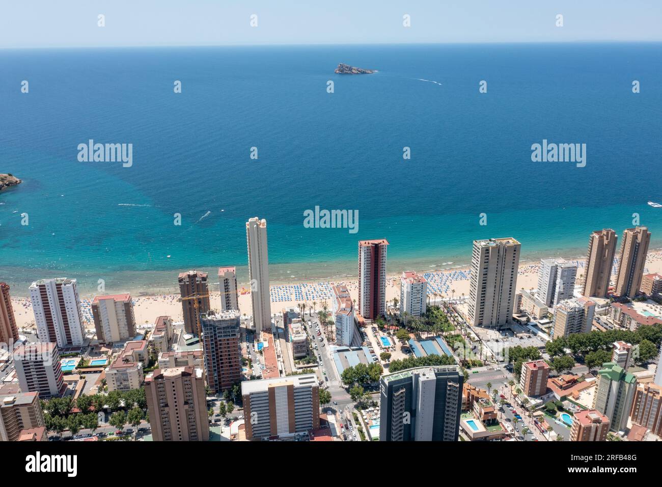 Aerial drone photo of the beautiful city of Benidorm in Spain in the ...