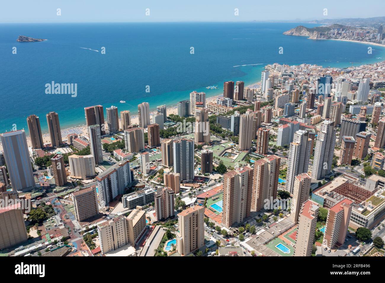 Aerial drone photo of the beautiful city of Benidorm in Spain in the ...