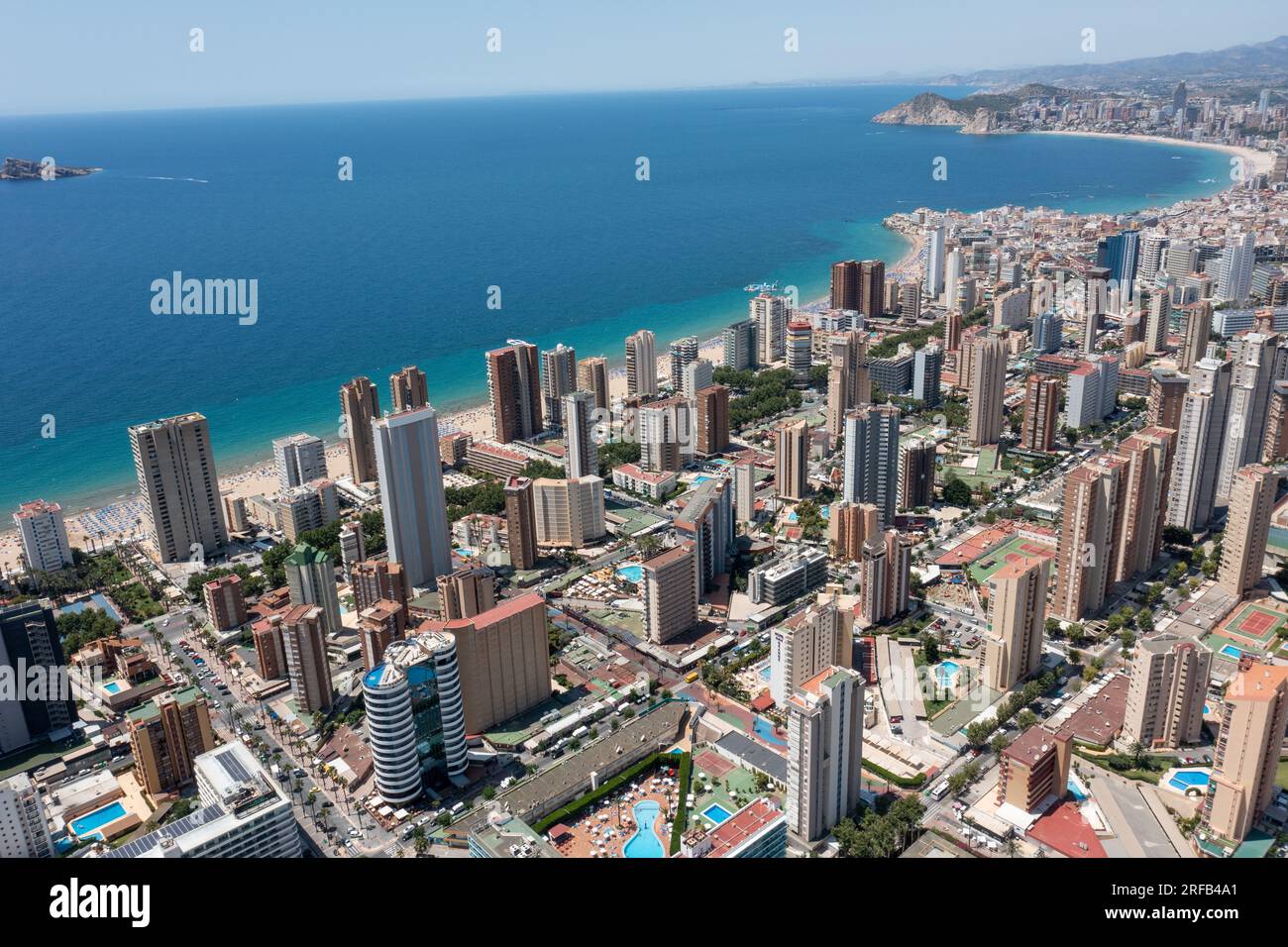Aerial drone photo of the beautiful city of Benidorm in Spain in the ...