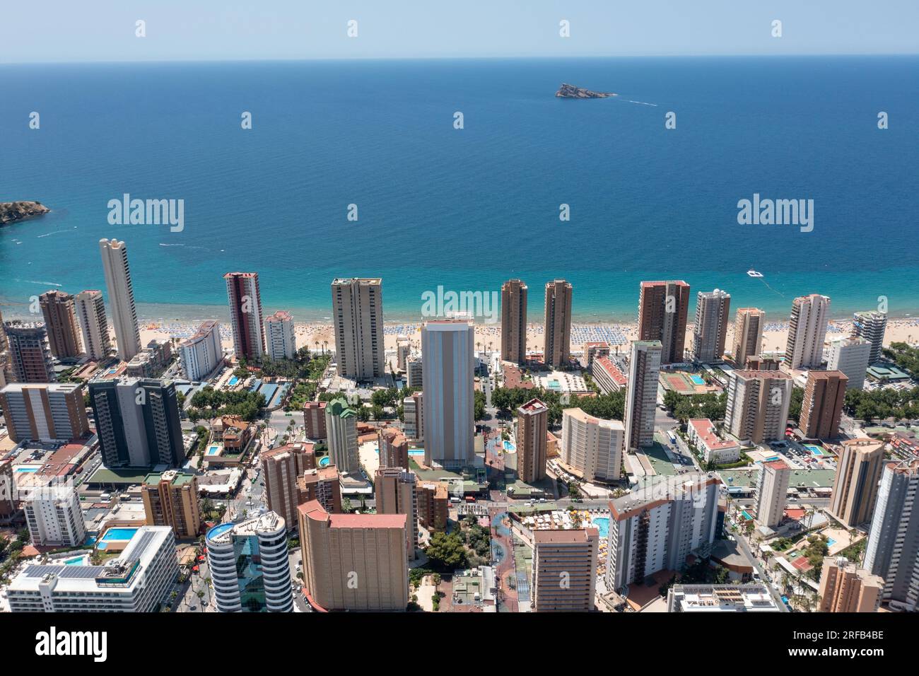 Aerial drone photo of the beautiful city of Benidorm in Spain in the ...