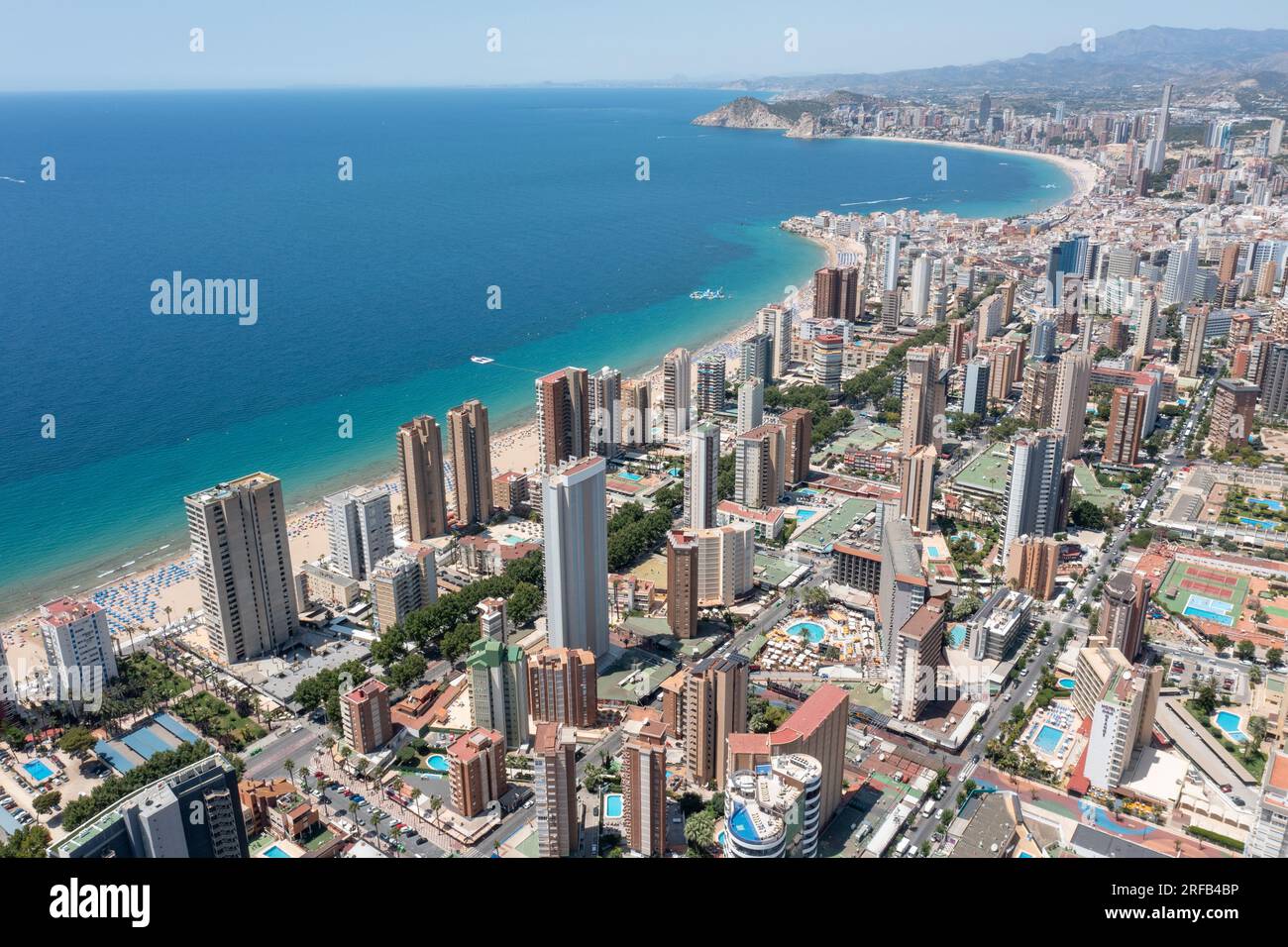 Aerial drone photo of the beautiful city of Benidorm in Spain in the ...