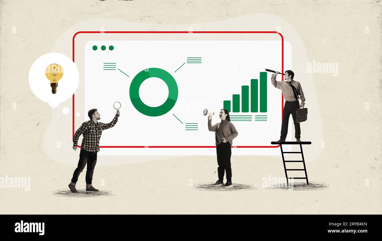 Art collage of bord with graphs and diagrams. People near it generate ...