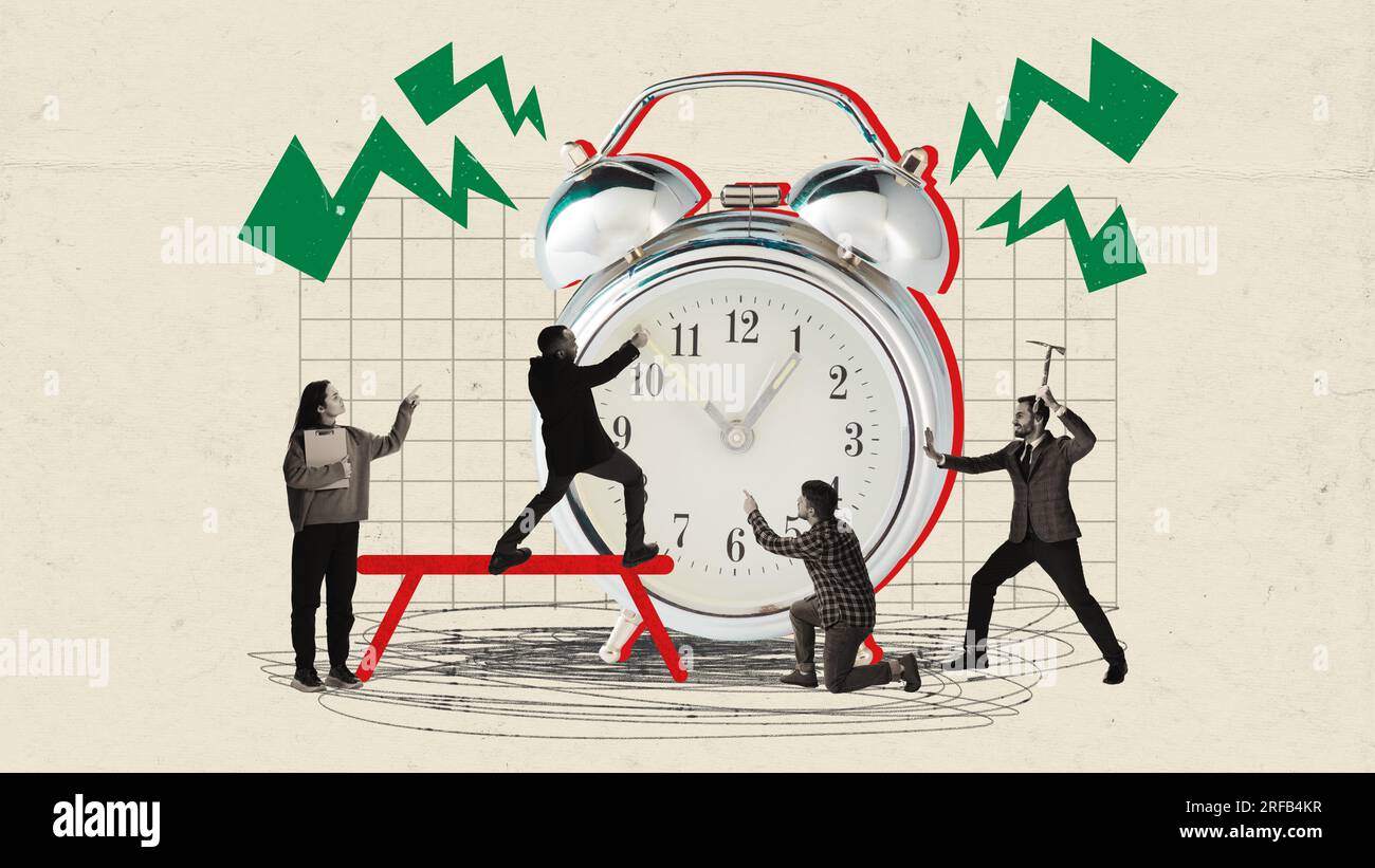 Creative collage of young workers start work raise big huge clock over ...