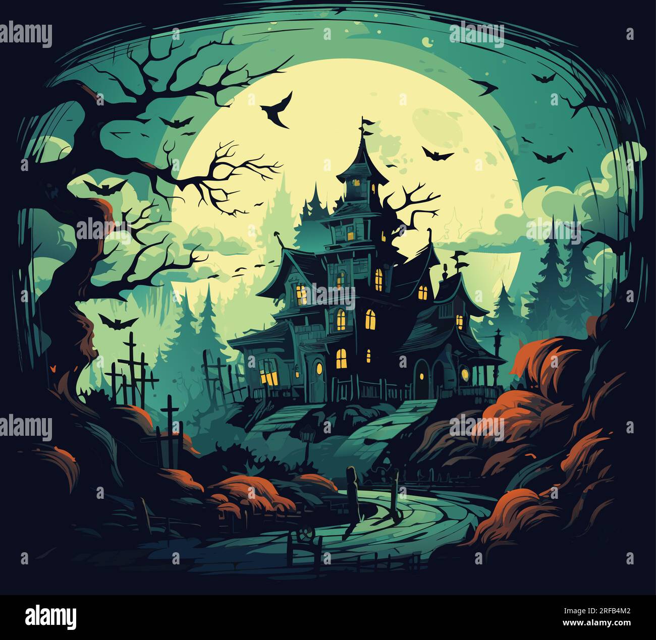 vector halloween landscape in cemetry. black scary trees around castle ...