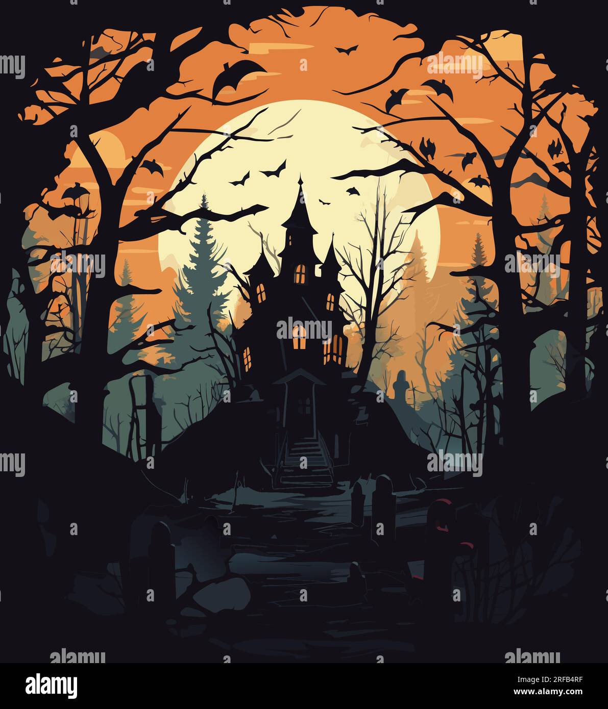 Halloween vector graveyard scene. Haunting nightmare hallowen ...