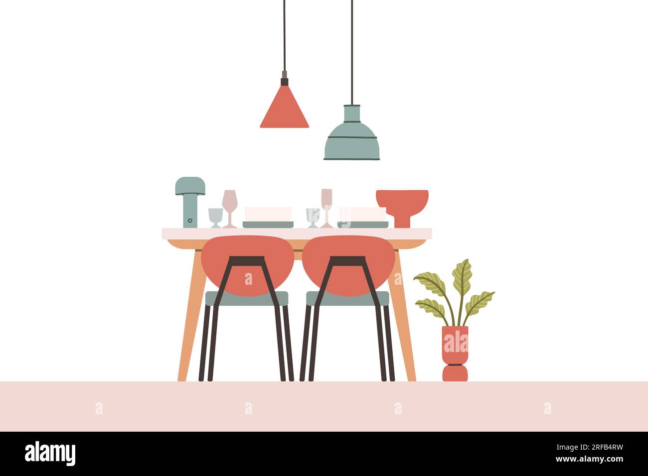 Dining table in kitchen with chairs, plates and wineglasses. Flat ...