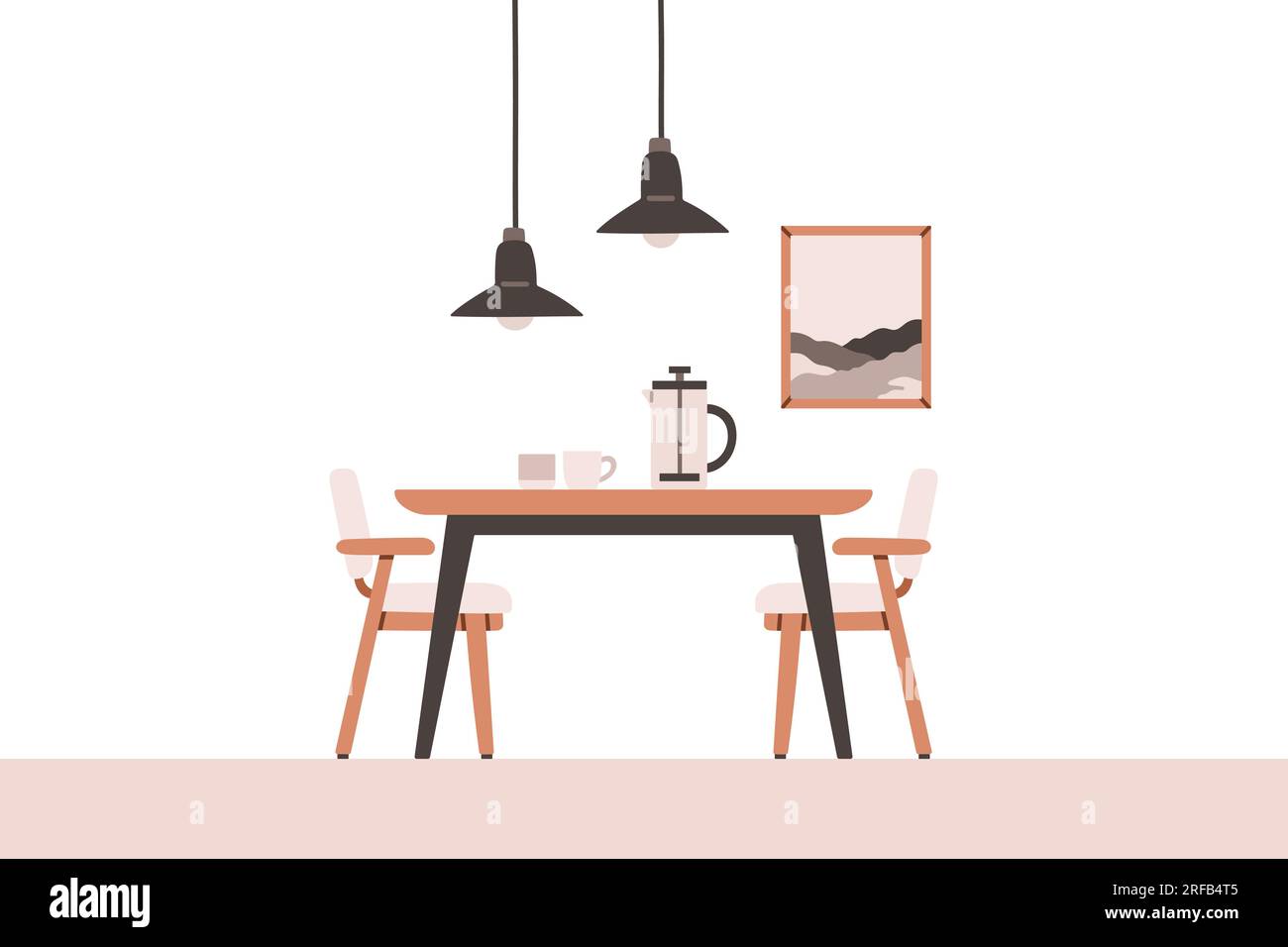 Dining table in kitchen with chairs, plates and wineglasses. Flat ...