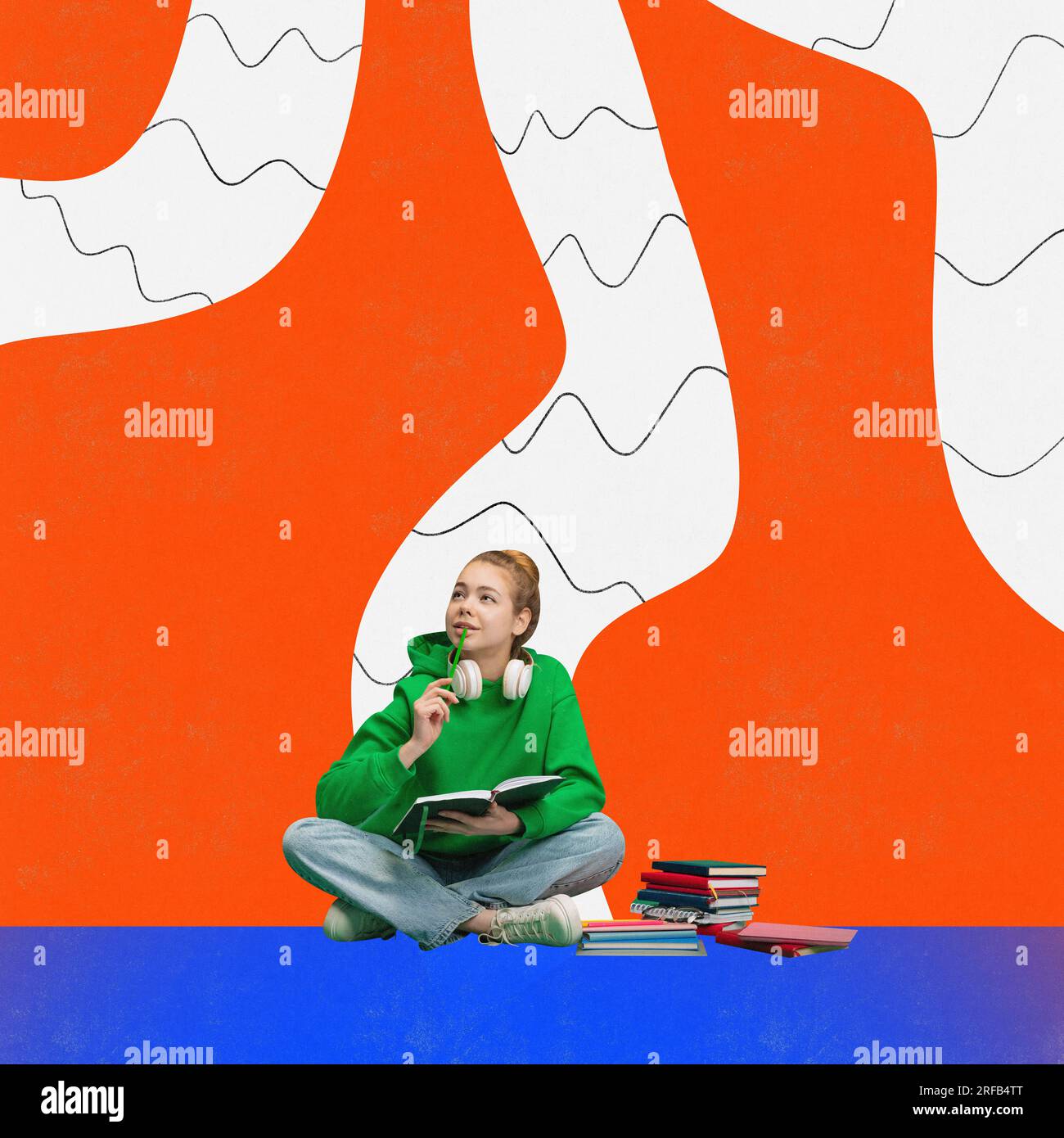 Beautiful girl, student with headphones sitting on the floor write ...