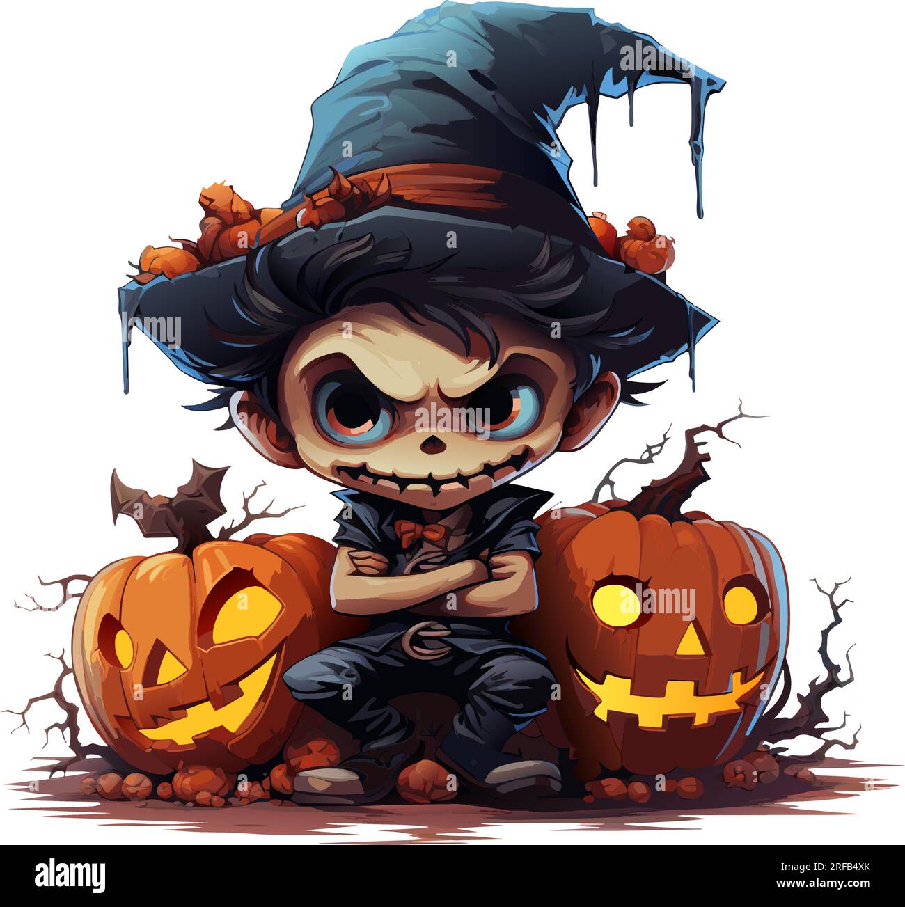 vector an angry boy with two pumkins. two smiling lanterns. scary evil ...