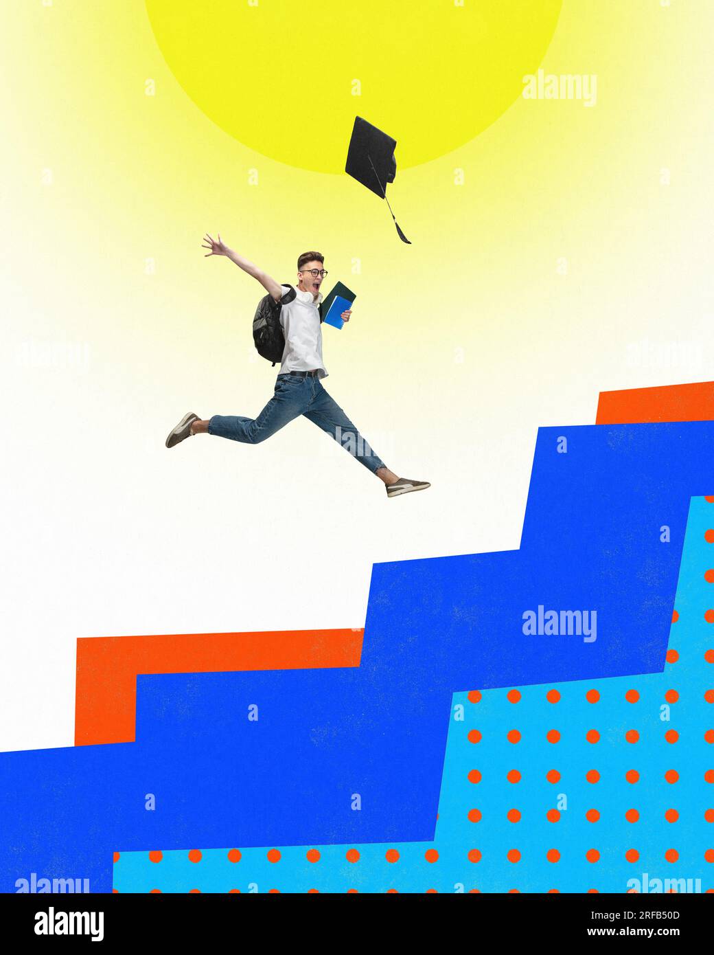 Artwork of running up stairs ambitious and energetic student with bag ...