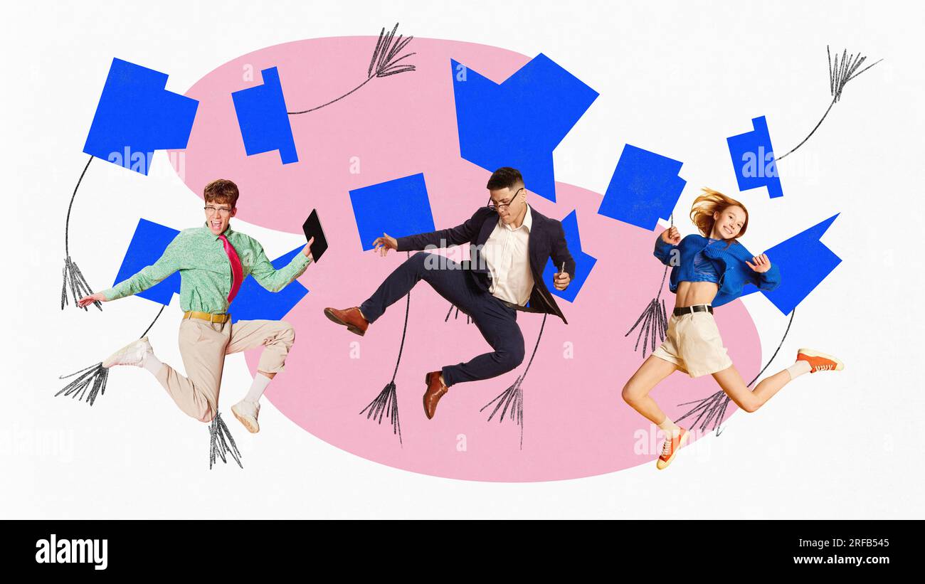 Happy graduated students jumping over bright background with painted ...