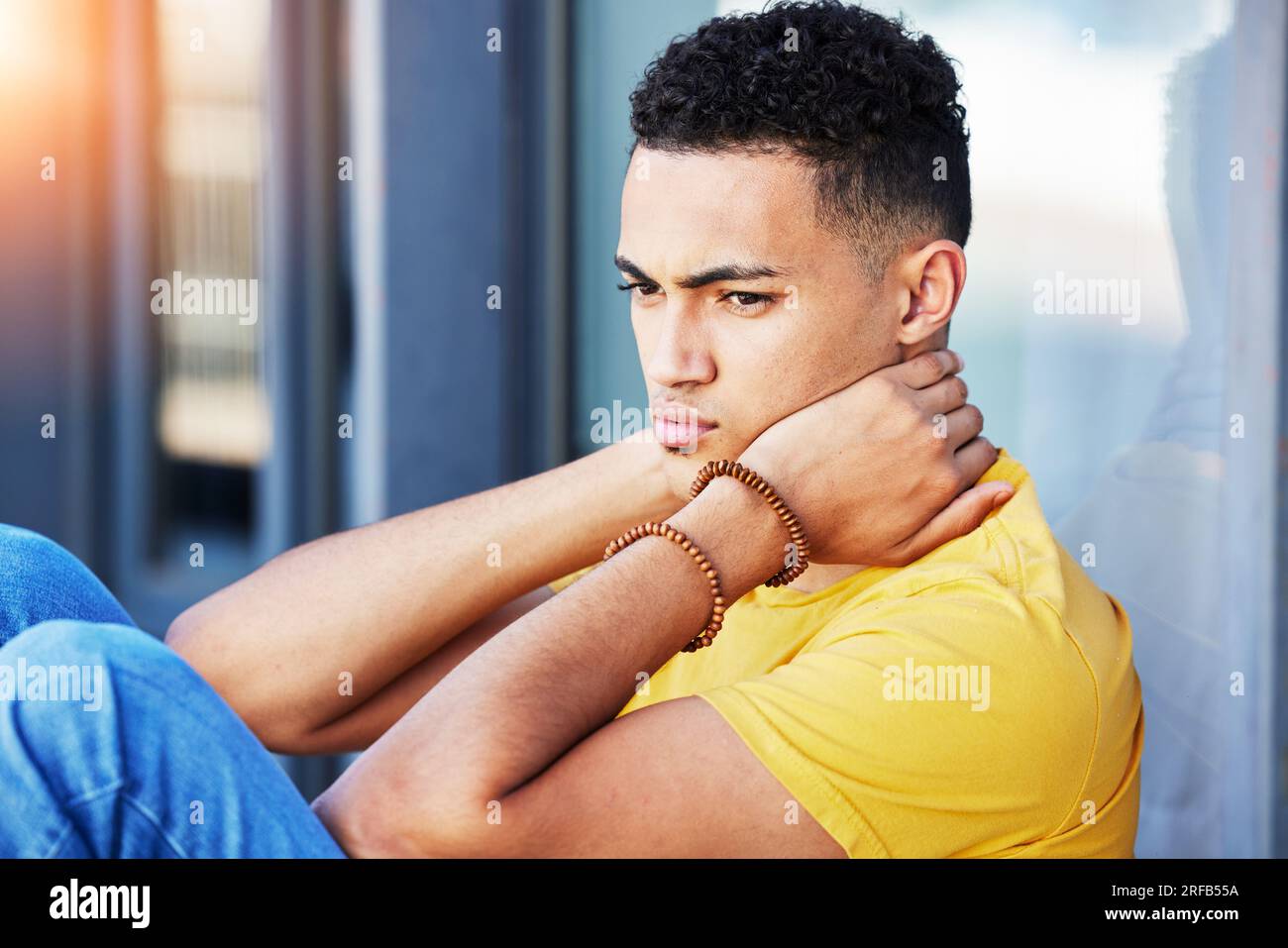 Thinking, man and outdoor of home with stress and guy feeling ...