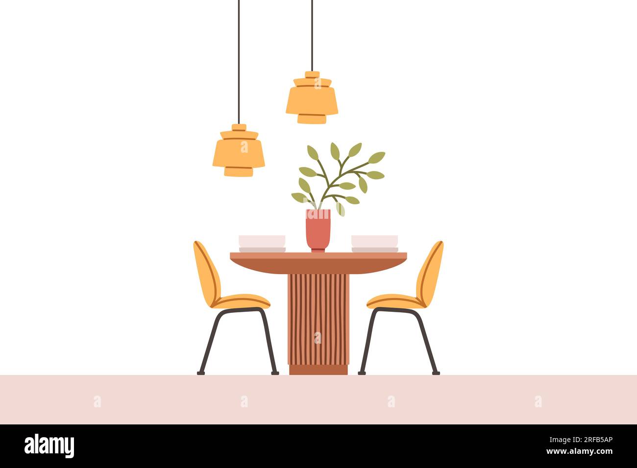 Dining table in kitchen with chairs, plates and wineglasses. Flat ...