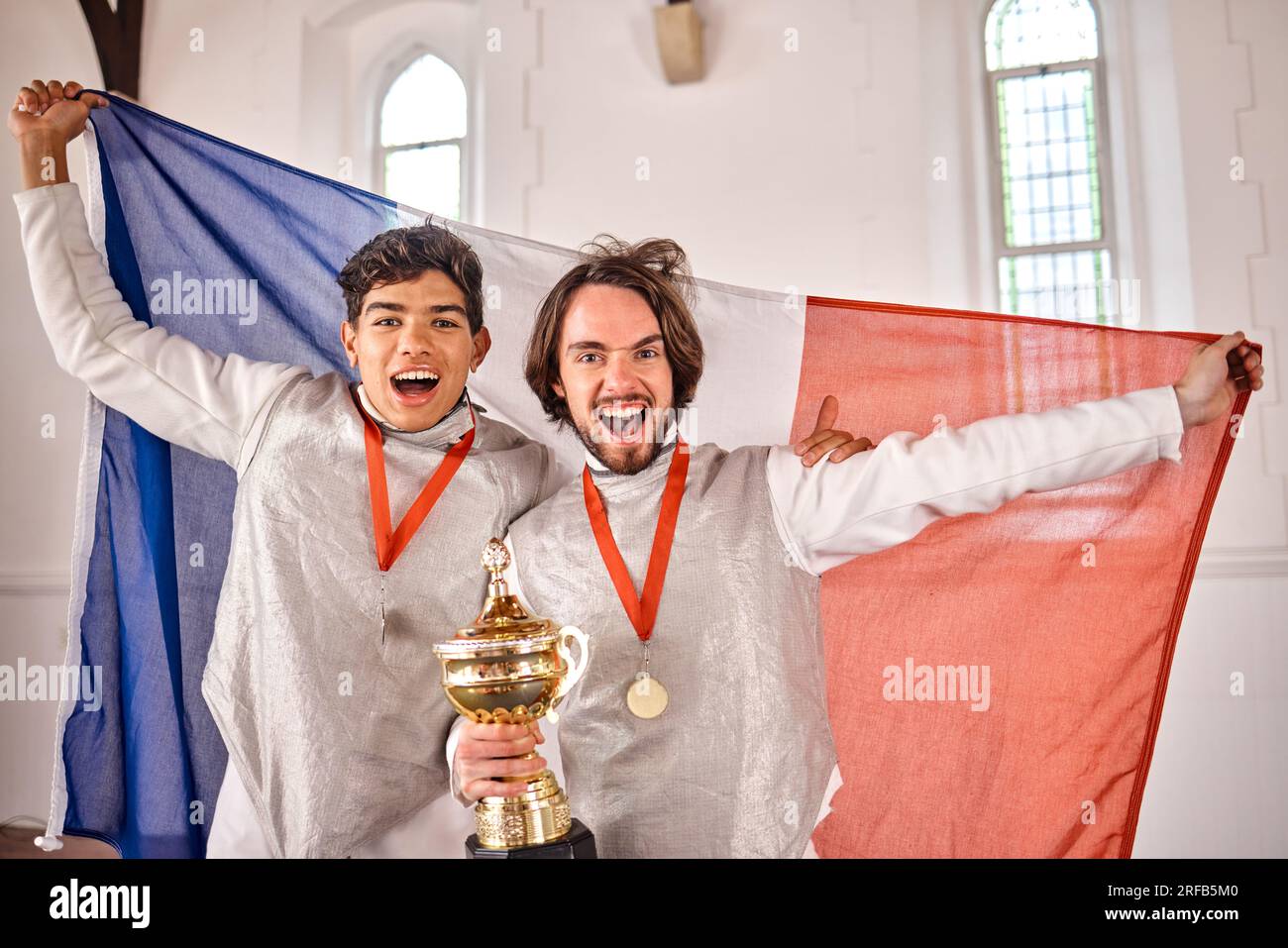Fencing, France flag and portrait of men with trophy for winning ...