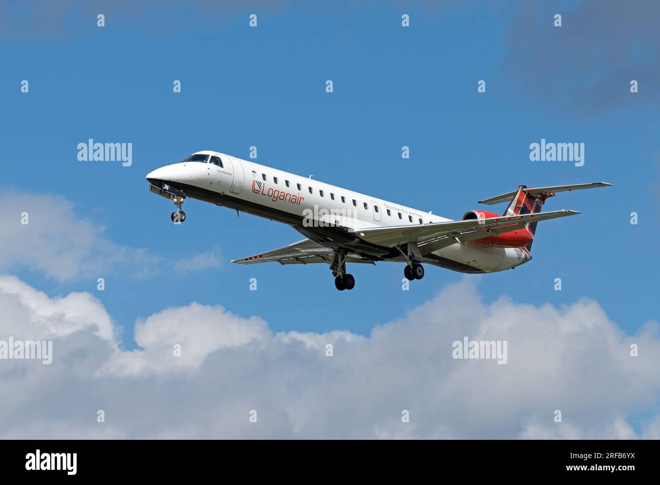 Logan Air Embraer ERJ-145EP plane landing at London's Heathrow Airport ...