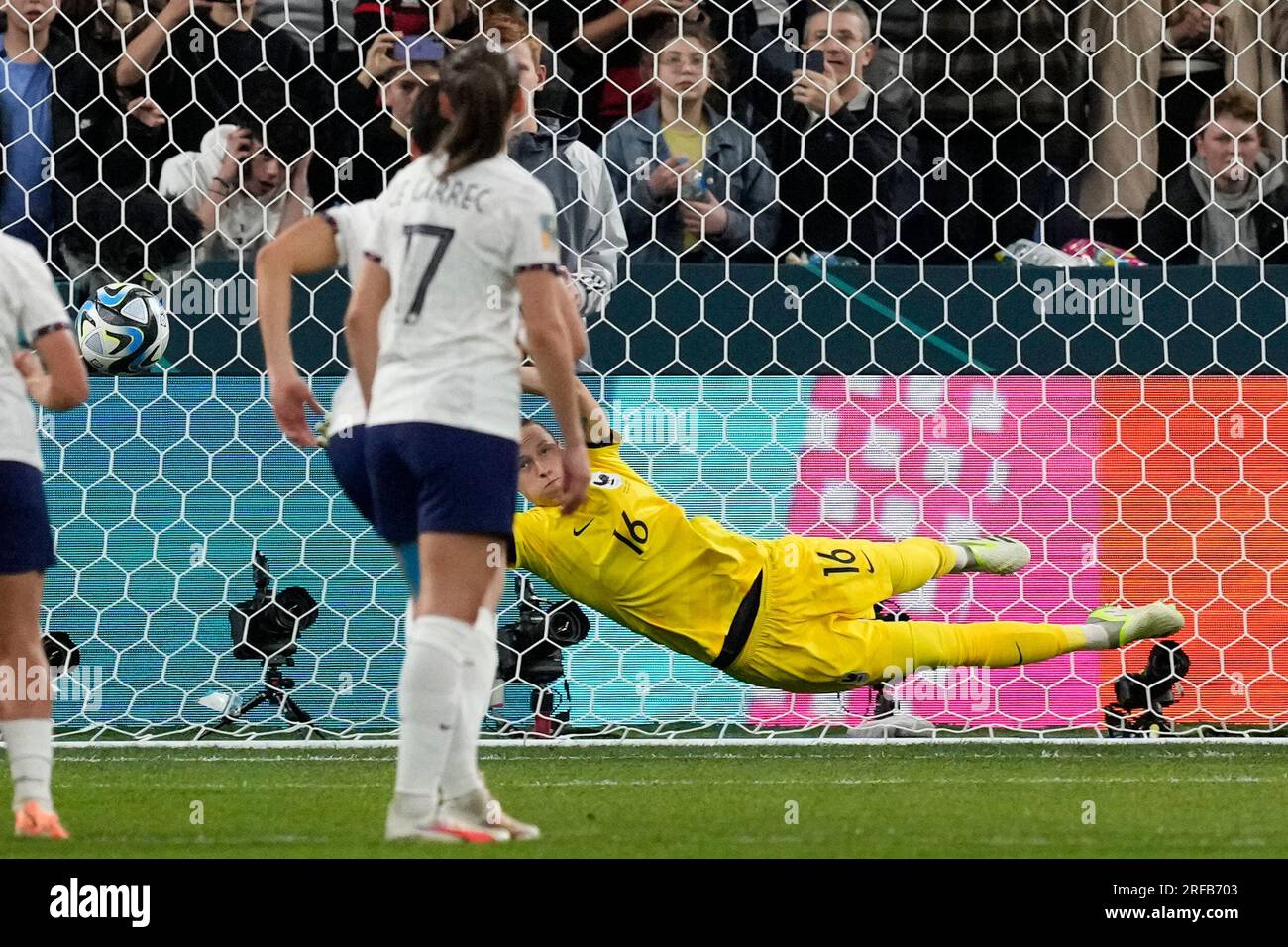 France's goalkeeper Pauline Peyraud-Magnin fails to save a penalty shot ...
