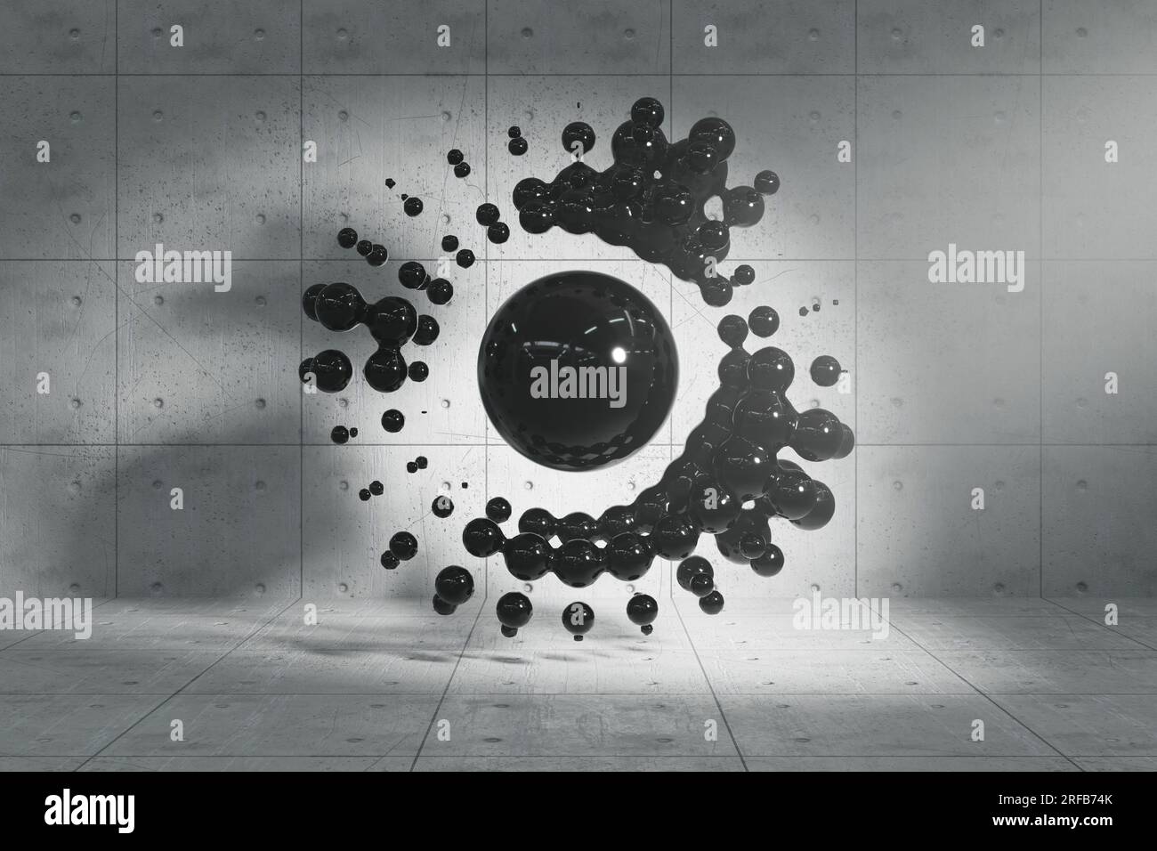 Abstraction background, black core and liquid particles in the sphere ...