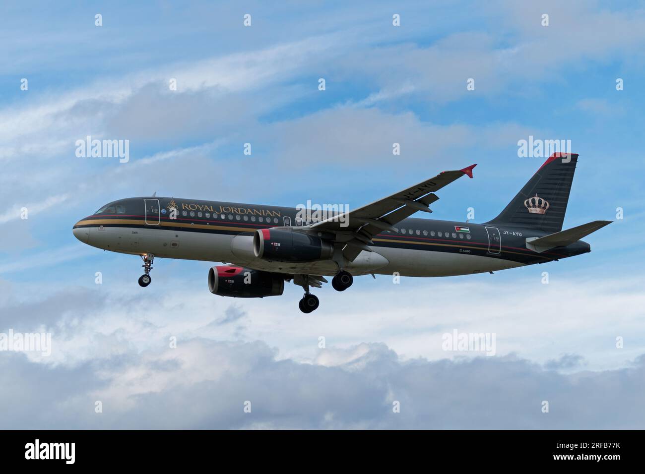 Royal Jordanian black livery Airbus A320 landing at London's Heathrow ...