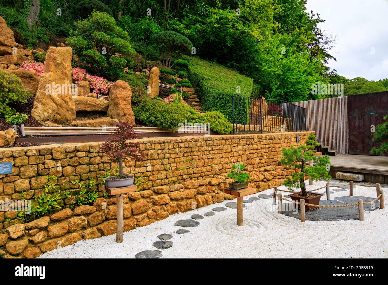 The colourful Japanese Garden with many different sizes of bonsai trees ...