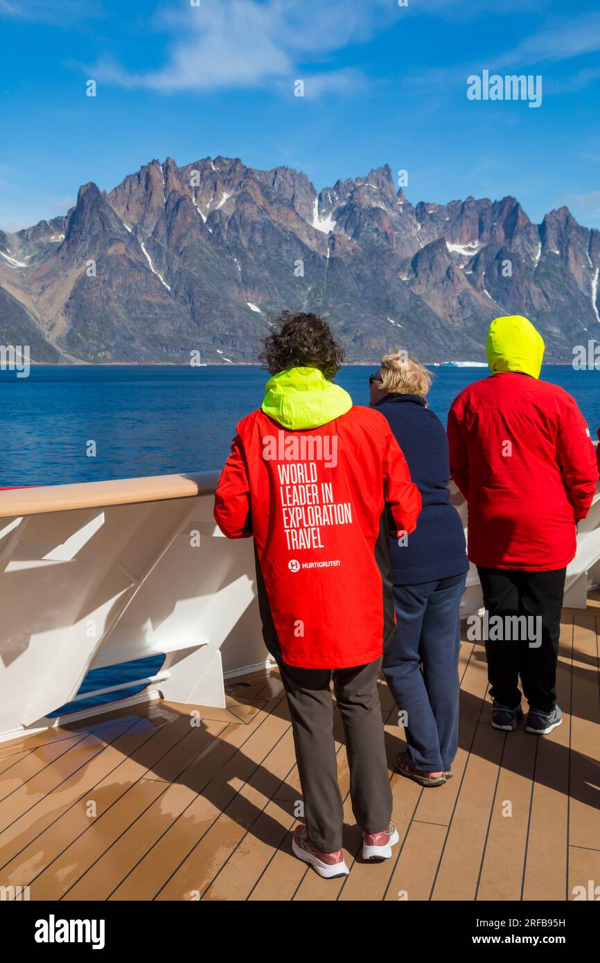 Tourists on deck of Hurtigruten MS Fridtjof Nansen cruise ship ...
