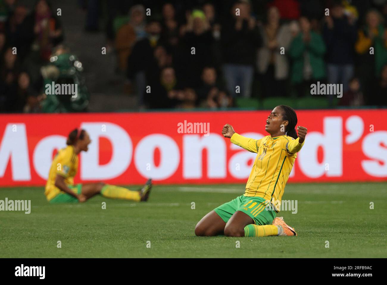 Jamaica's Khadija Shaw, right, celebrates after the Women's World Cup ...