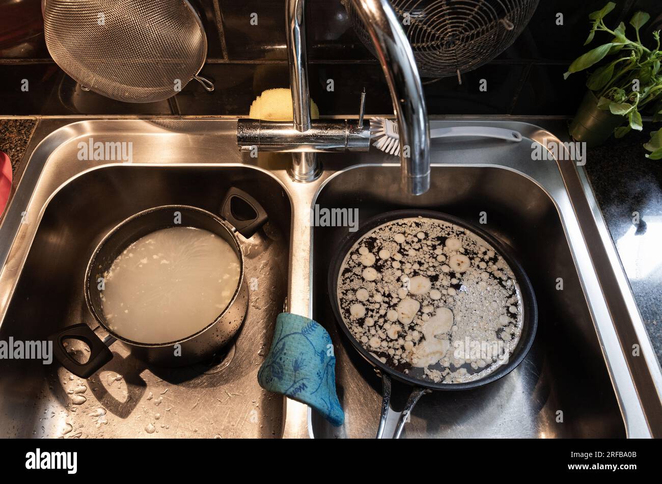 Cooking grease in a frying pan in the sink, after someone fried bacon ...