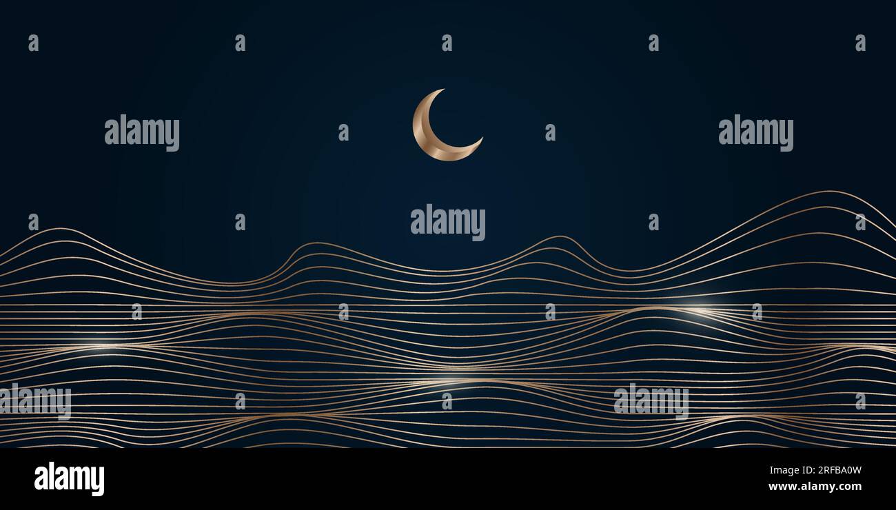Golden linear abstract mountains on dark background, Moon over wavy ...