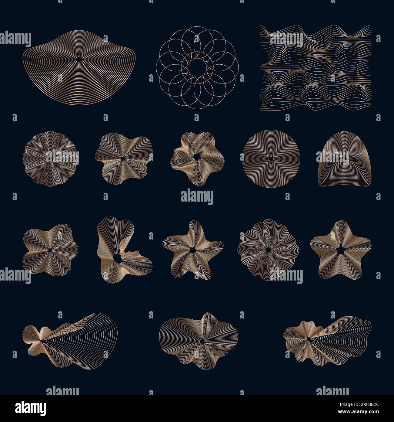 Abstract golden linear elements of different shapes, Set of wavy golden ...